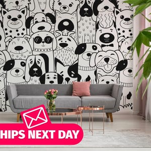 Playful Dog Doodle Vinyl Mural / Peel and Stick Cartoon Dogs Wallpaper ...