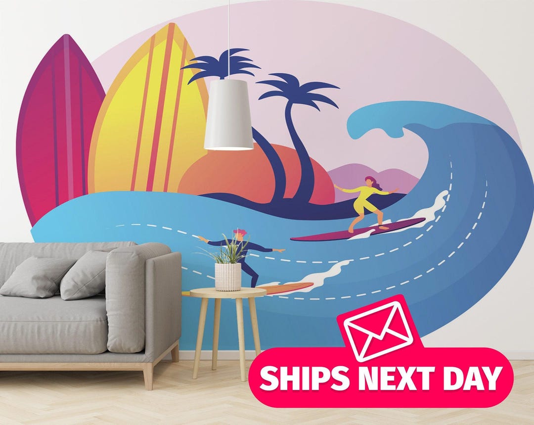 Surf Wallpaper Mural / Surfing Mural, Peel and Stick Removable Vinyl or ...