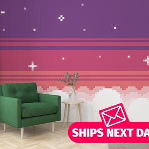 Pixel Art Sky Removable Vinyl Mural / Peel and Stick Pink Sky Wallpaper ...