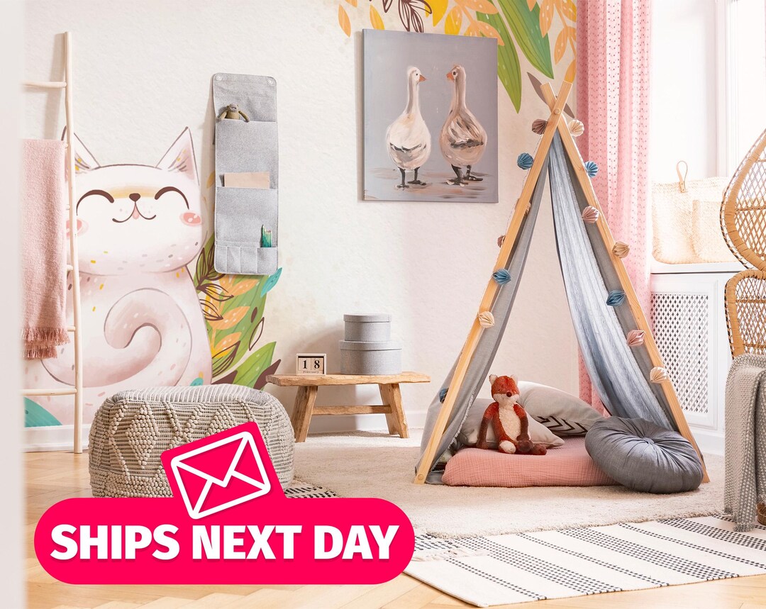 Cute Kawaii Kitty Removable Vinyl Mural / Smiling Cat Wallpaper Mural ...