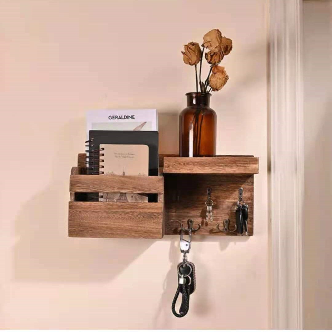 Creative Wooden Wall Organizer Shelf Vintage Wall Display Shelves Key ...