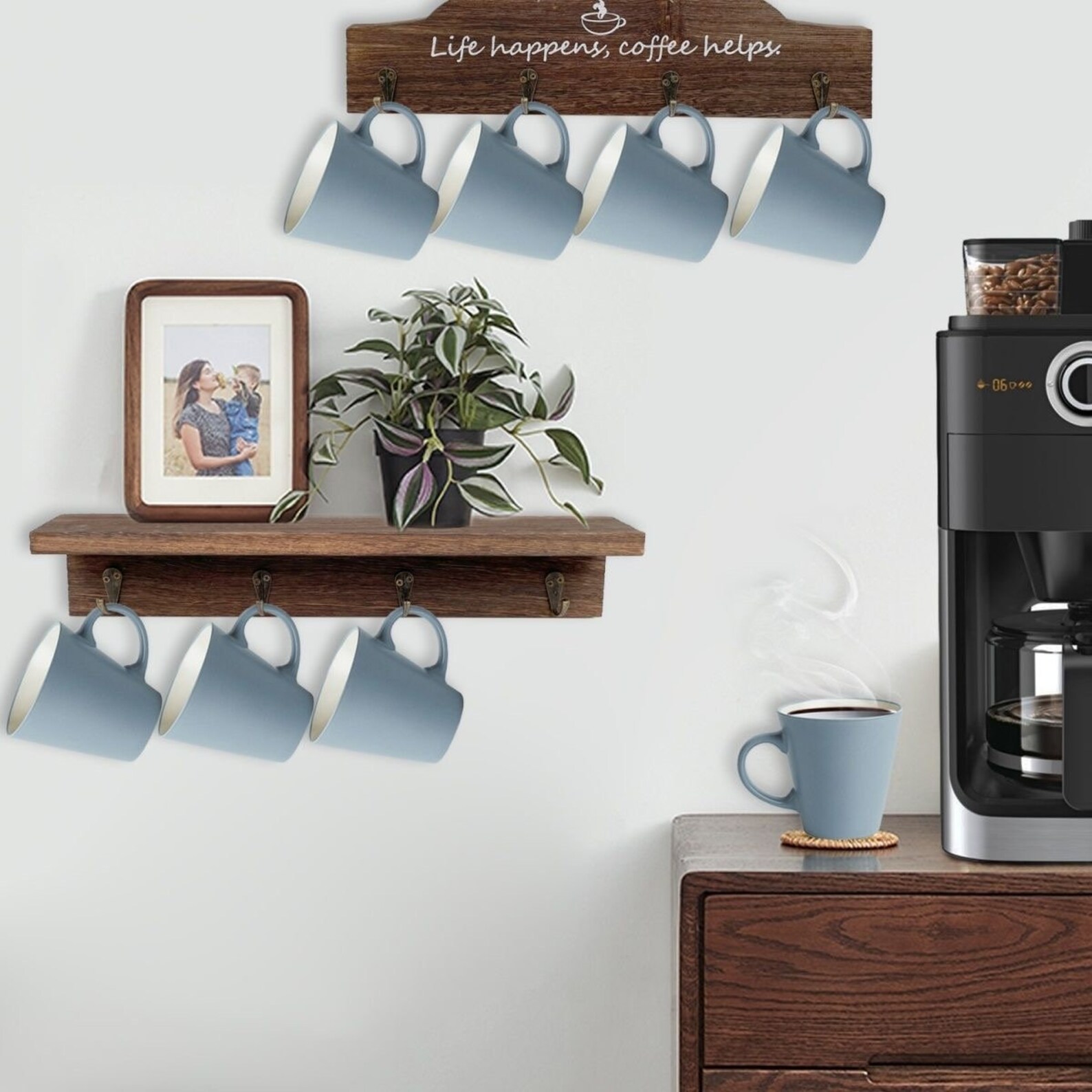 Solid Wood Cup Hanger Coffee Mug Hook Hanging Rail Home Decor Wall ...