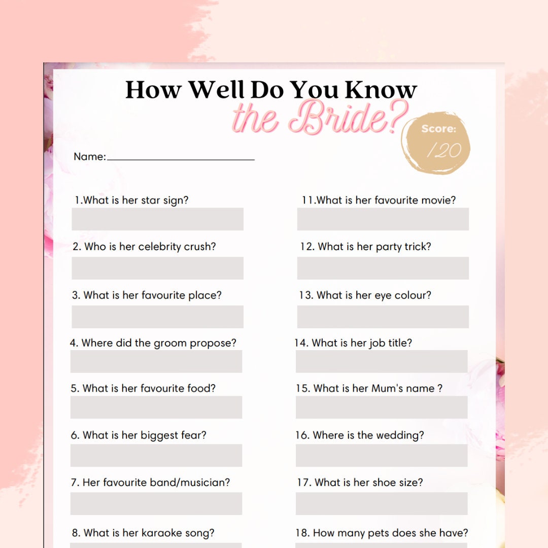 Who Knows the Bride Best / How Well Do You Kn Ow the Bride Quiz ...