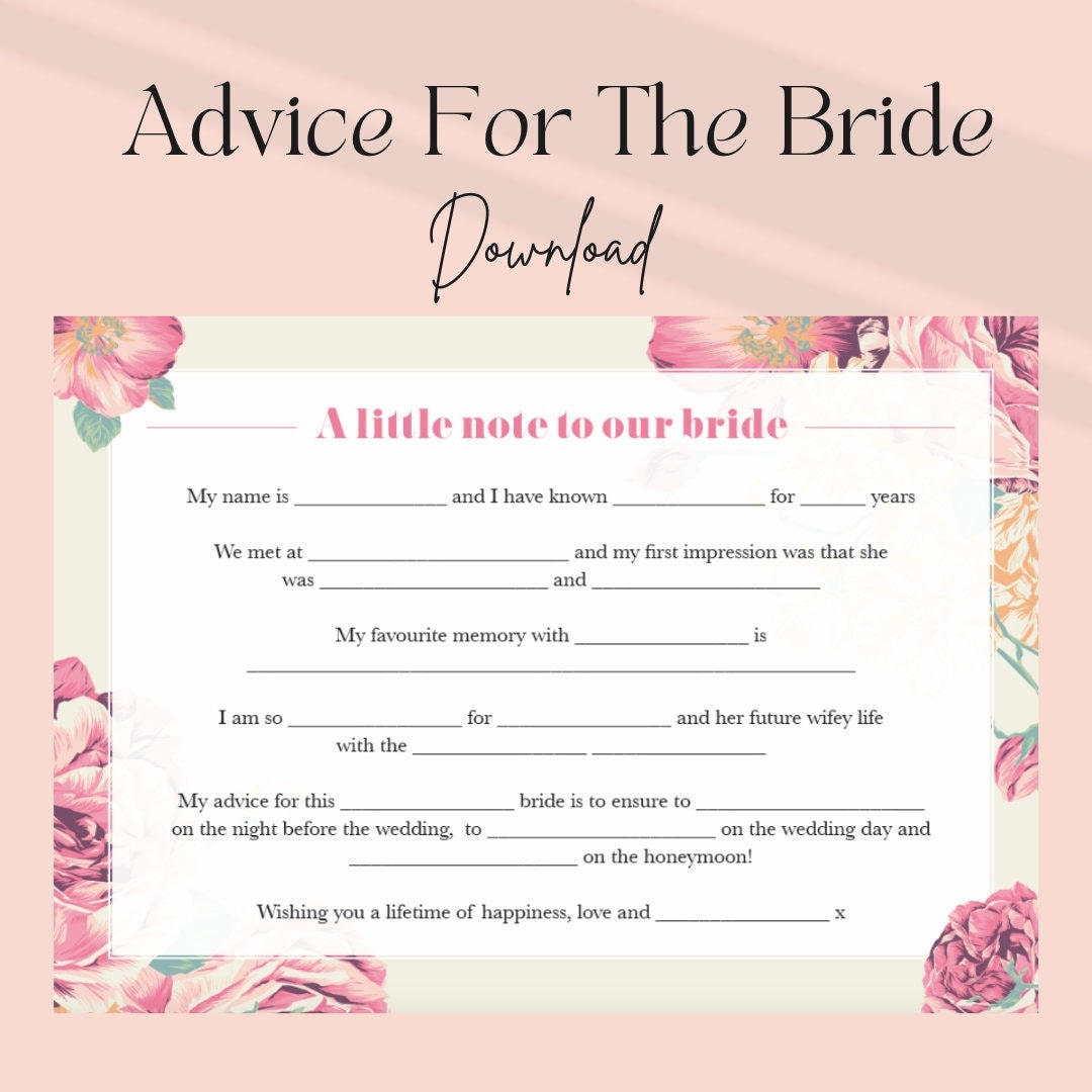 Advice for the Bride Printable Hen Party Bachelorette Game A Note to ...