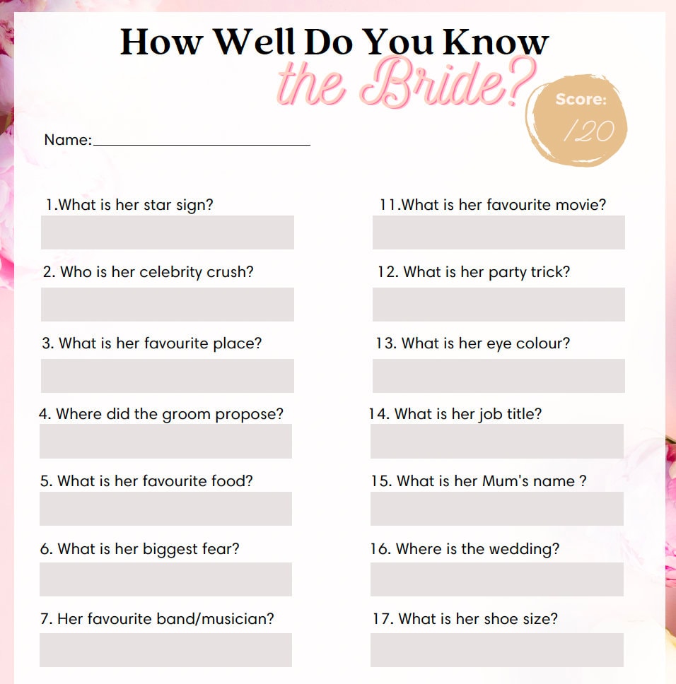 Who Knows the Bride Best / How Well Do You Kn Ow the Bride Quiz ...