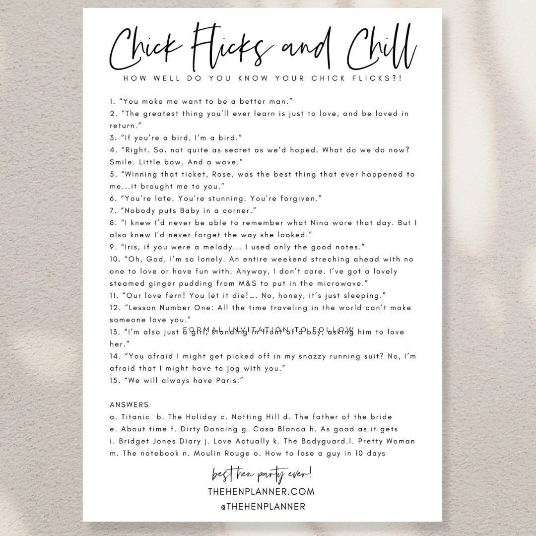 Hen Party Chick Flicks Movie Quiz Printable,digital Bridal Shower Game ...