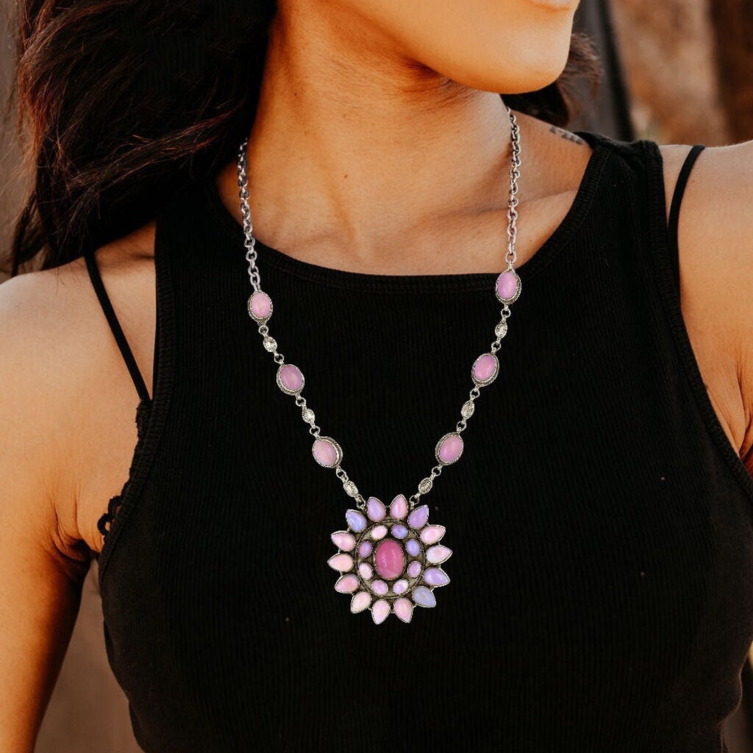 Pink Conch Silver Necklace, Chunky Western Necklace Pink, Coral Silver ...