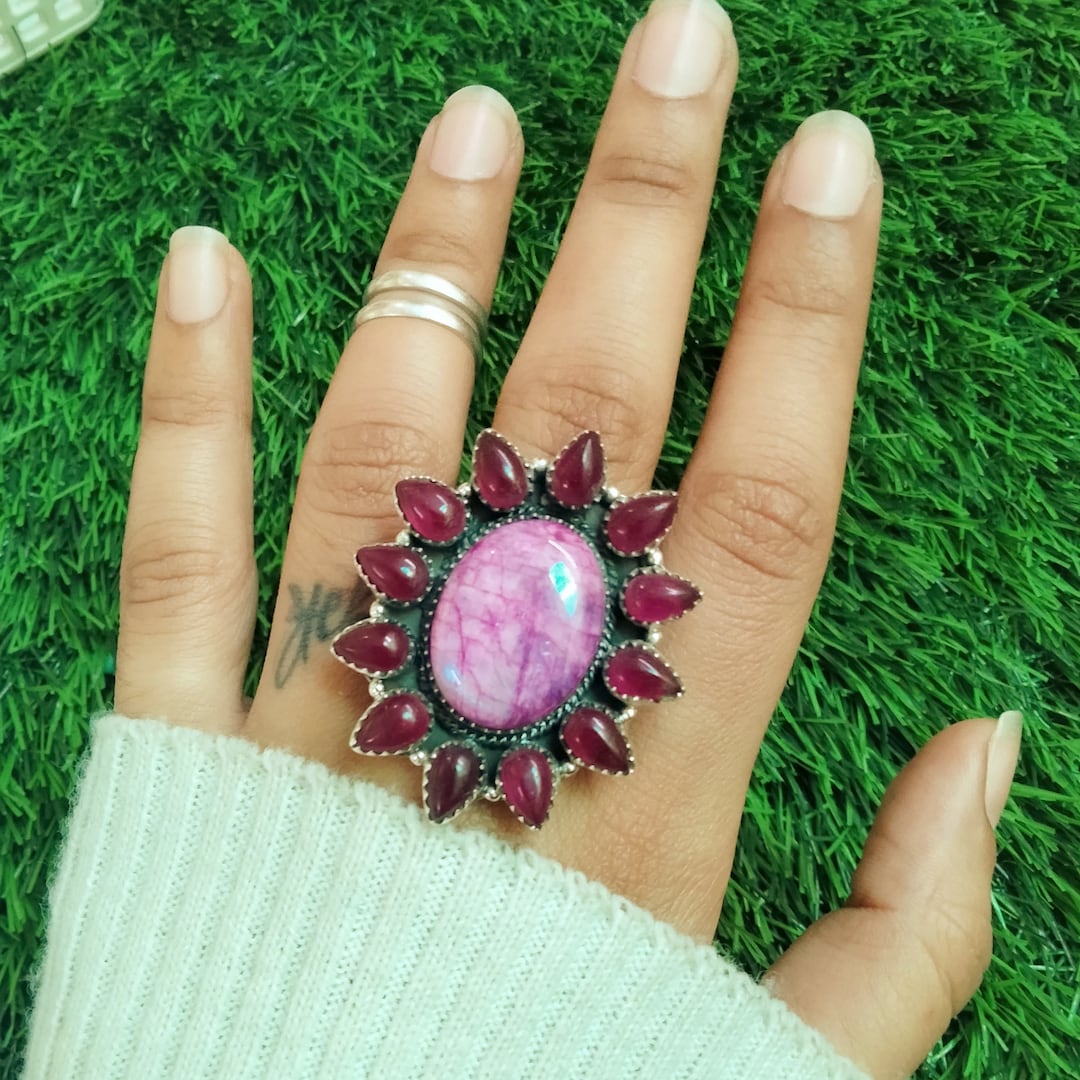 Flower Pink Moonstone Ring Pink Color Ring Sterling Silver - Etsy