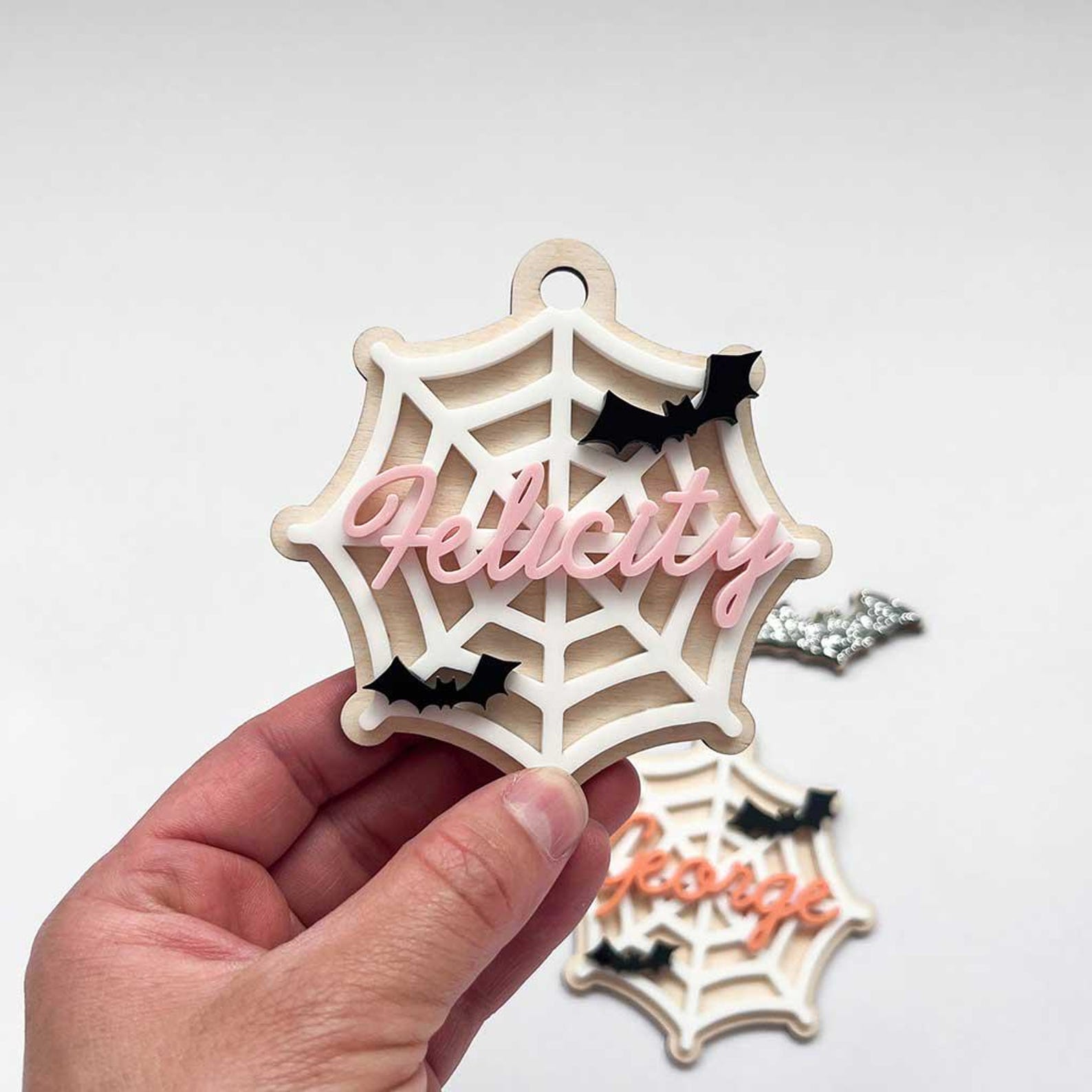 Personalised Web Bauble | Bat Spider Bauble | Wooden Halloween ...