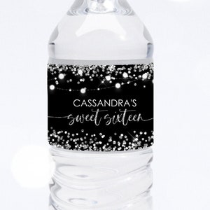 Editable Silver Black Water Bottle Label Birthday Water Bottle Label ...