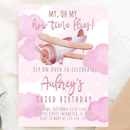 EDITABLE Airplane Birthday Invitation Pink Girls Airplane - Etsy