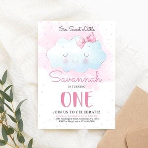 Editable Cloud Birthday Invitation Pink Cloud First Birthday 1st ...