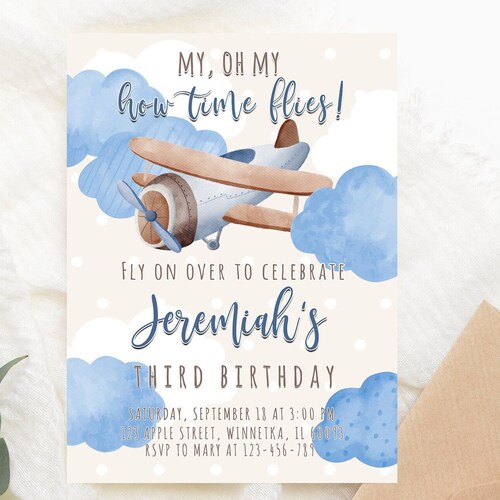 Editable Airplane Time Flies Birthday Invitation Blue Airplane - Etsy