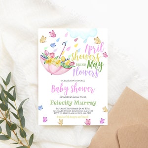 Editable April Showers May Flowers Invitation Umbrella Clouds Rain ...