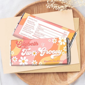 Editable Two Groovy Chocolate Bar Wrapper Label Daisy Orange Boho Retro ...