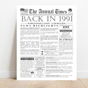 31st Birthday Newspaper Poster Sign, 1991 Birthday Newspaper Back in ...