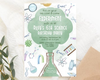 Editable Science Birthday Invitation Green Birthday Party Chemistry ...