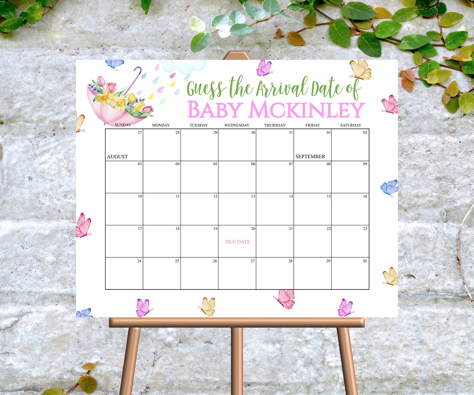 Editable April Shower Baby Due Date Calendar Game Guess Baby's Birth ...