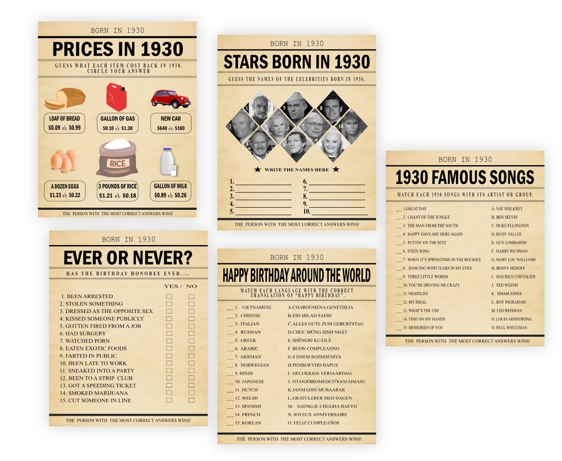 1930 Birthday Games: Born in 1930 Trivia, Activities (digital Download ...