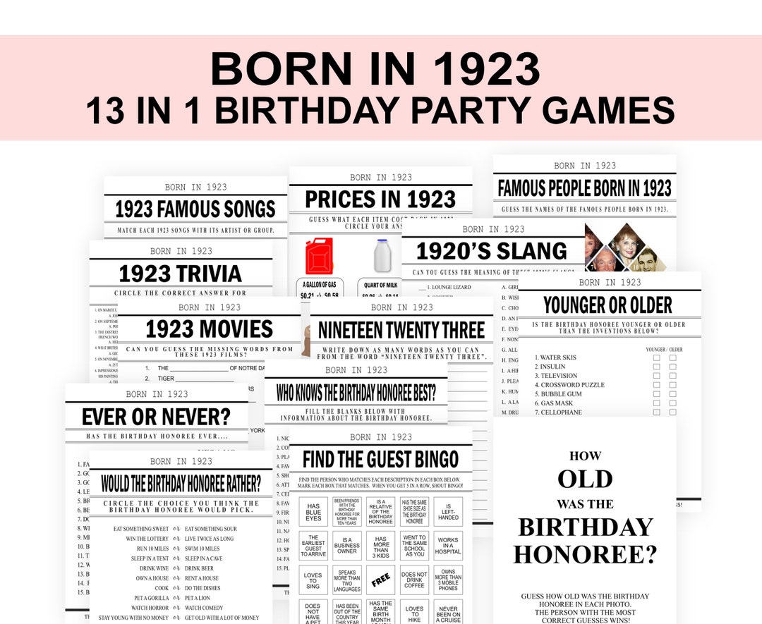 102nd Birthday Party Games Born in 1923 Games Bundle 1923 Trivia Fun ...