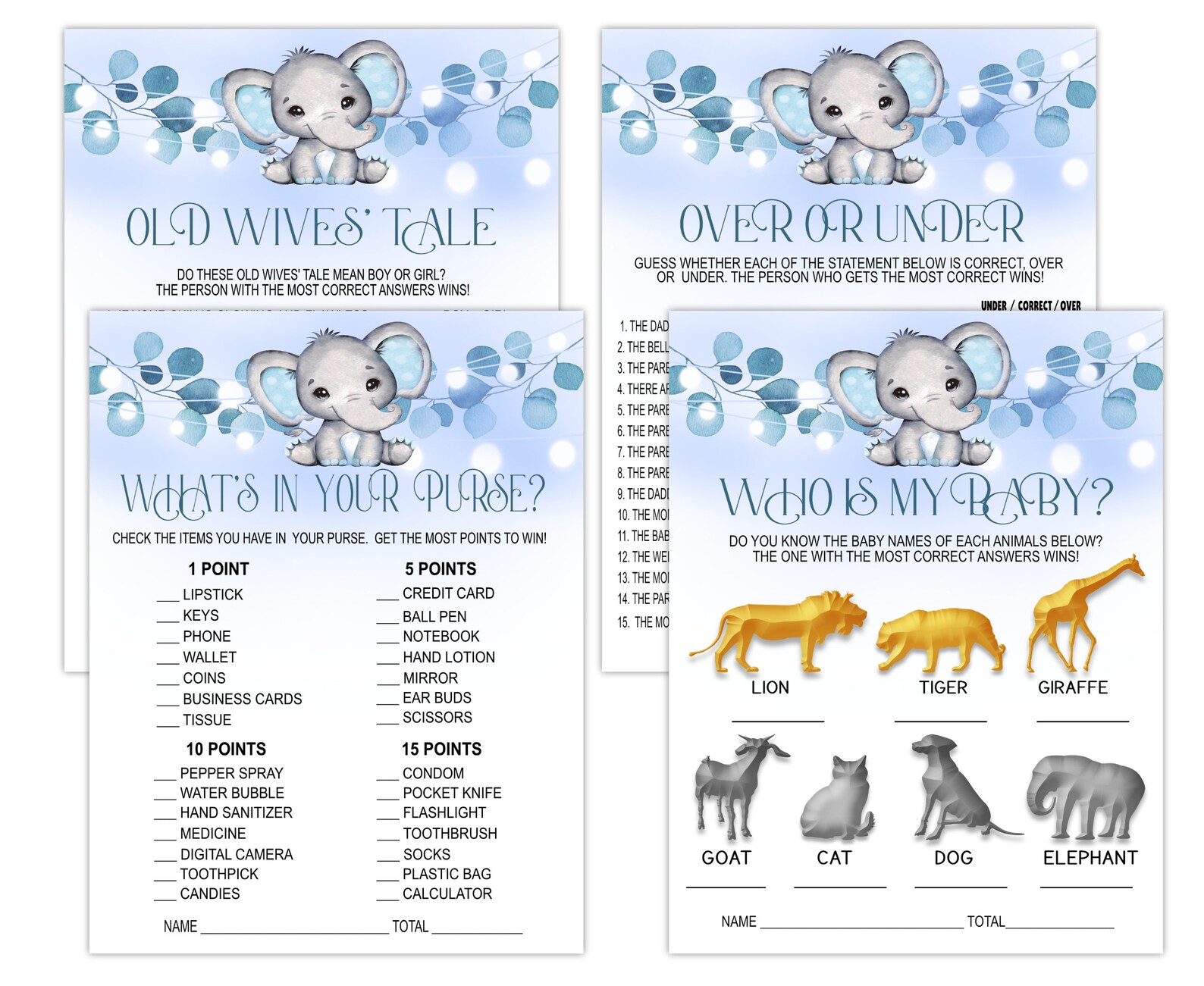 Boy Elephant Baby Shower Games Blue Elephant Baby Shower | Etsy