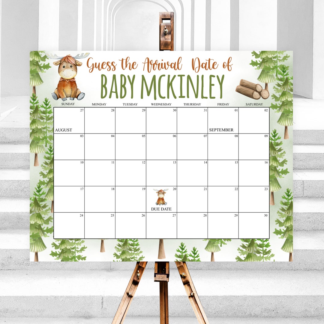 Editable Moose Baby Due Date Calendar Game Guess Baby's Birth Date Baby ...