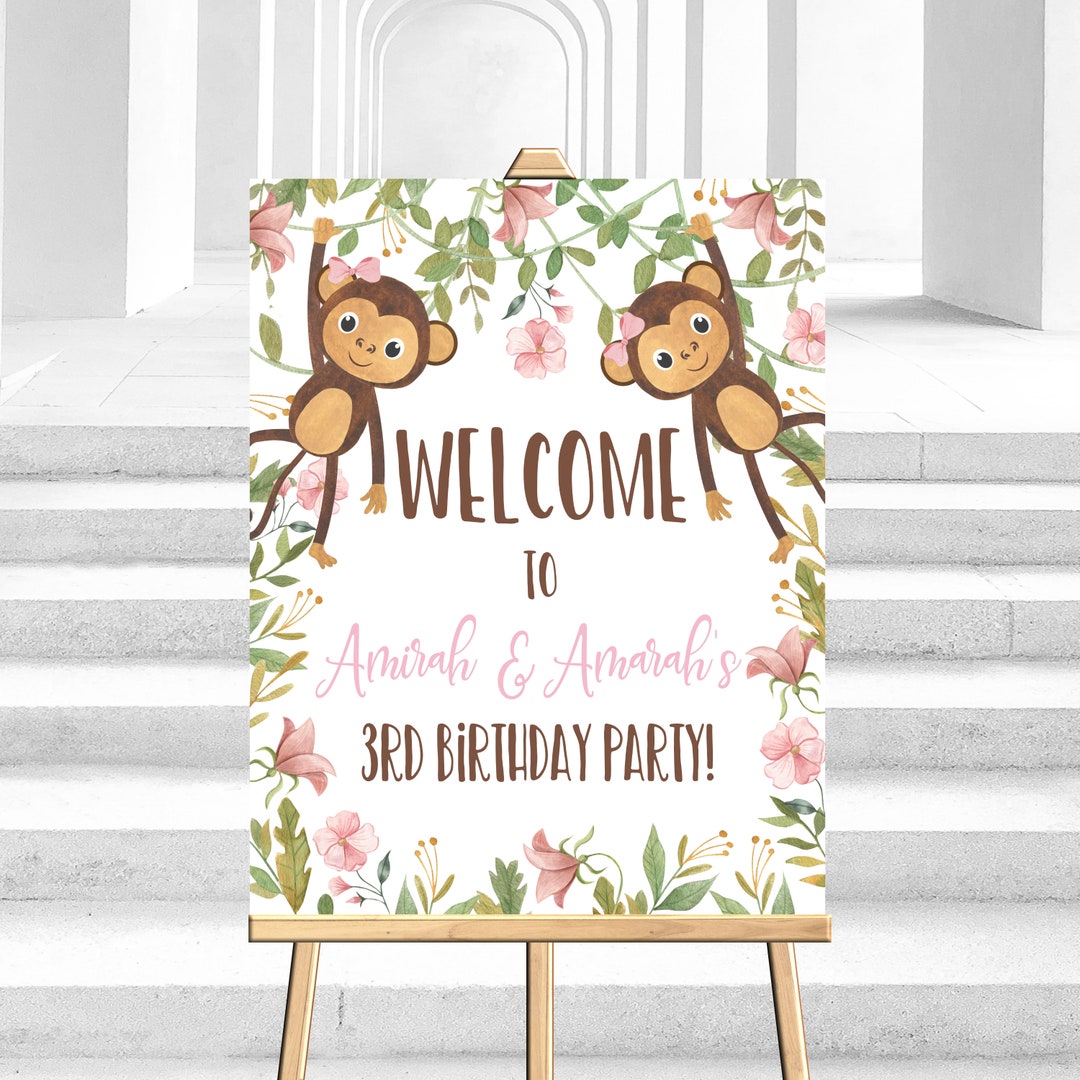 Editable Twin Girl Monkey Welcome Sign Jungle Birthday Monkey Welcome ...