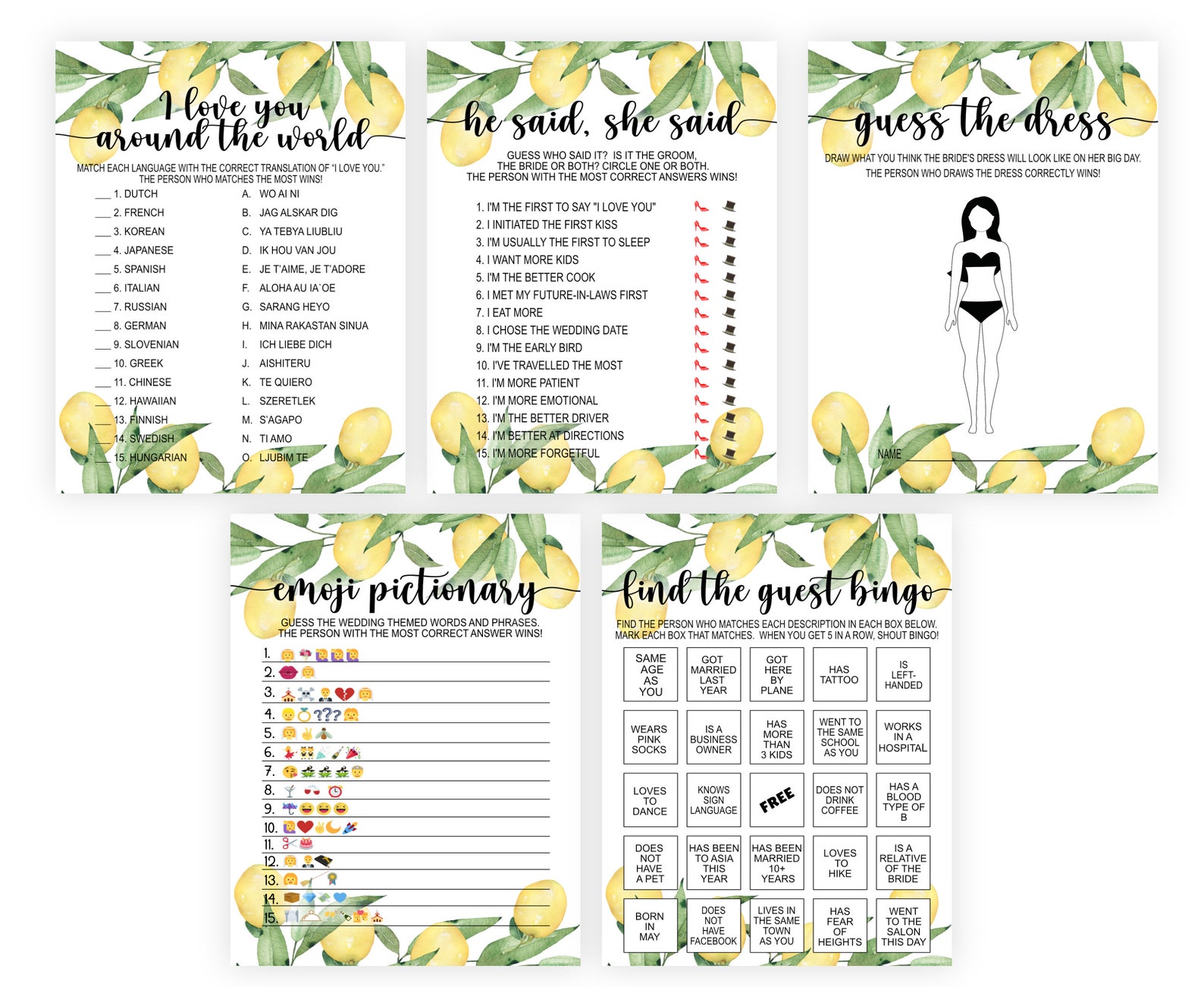 Lemon Bridal Shower Game Lemon Theme Bridal Shower Game Set - Etsy