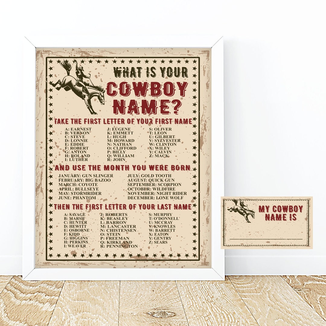 Cowboy Name Board Sign What is Your Cowboy Name Card Birthday Party ...