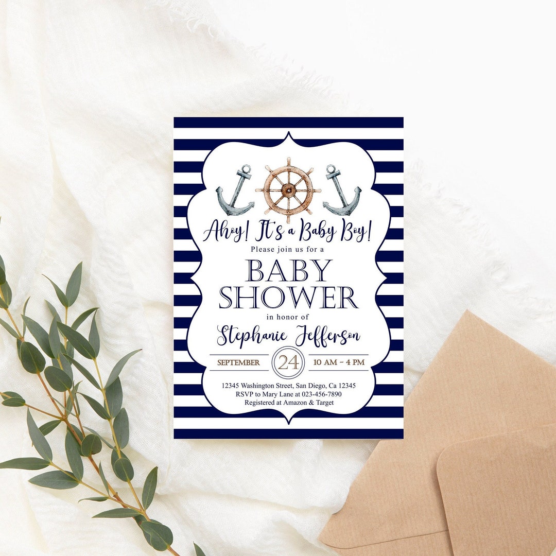Editable Nautical Baby Shower Invitation Dark Blue Nautical Baby Shower ...