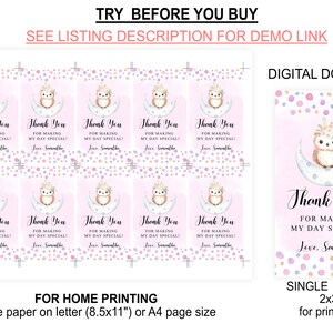 Editable Pink Owl Favor Tag Thank You Tag Owl Birthday Thank You Favor ...