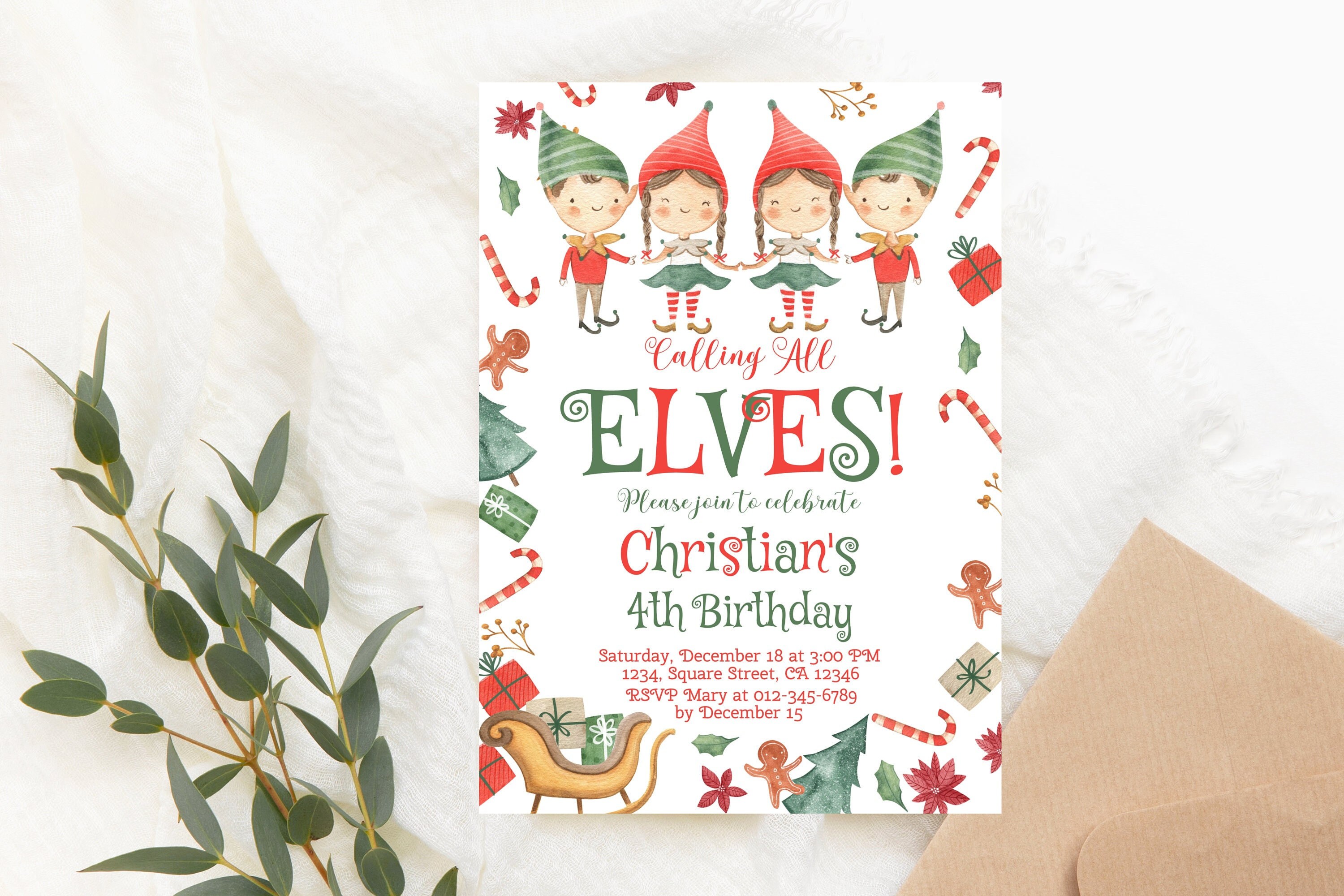 Editable Elf Christmas Birthday Party Invitation Neutral Elf Birthday ...