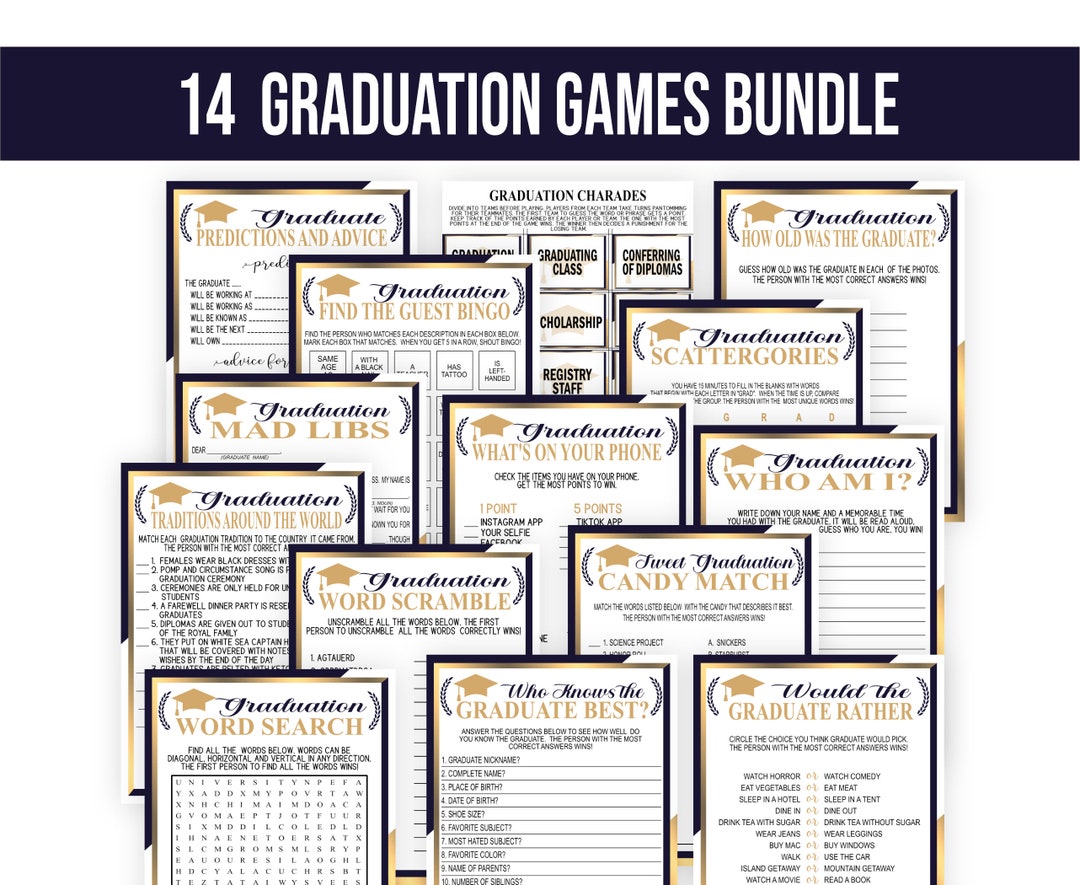Dark Blue Gold Graduation Party Game Bundle Pack Printable, Graduation ...