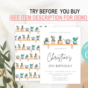 Cactus Birthday Party Invitation: Editable Succulents Invite Template ...