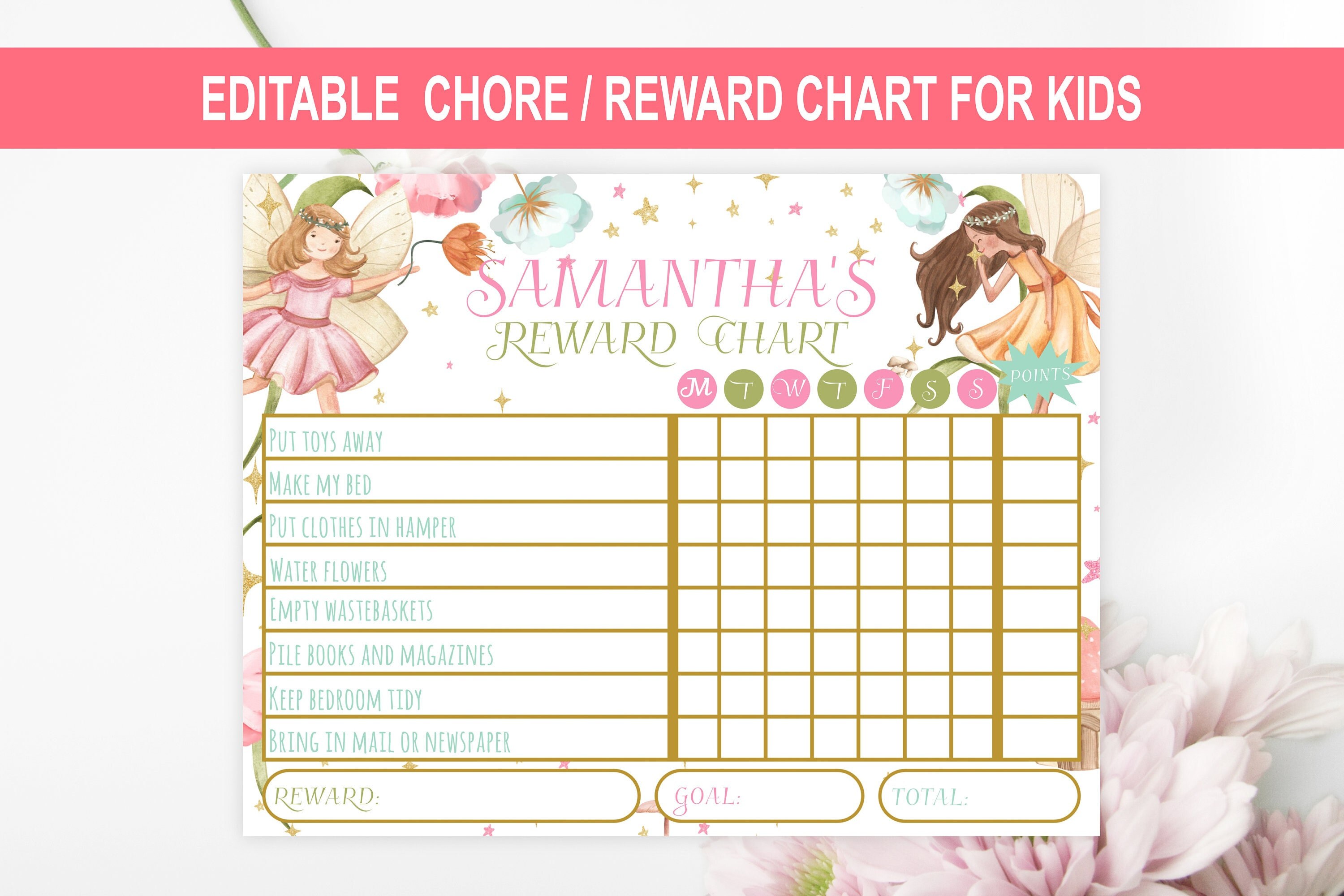 Editable Fairy Reward Chart for Girls Pink Girl Fairy - Etsy Australia