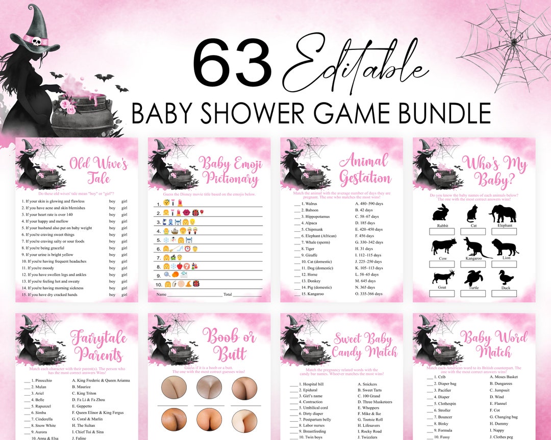 Editable Halloween Baby Shower Game Bundle Pink Witch Baby Shower Game ...