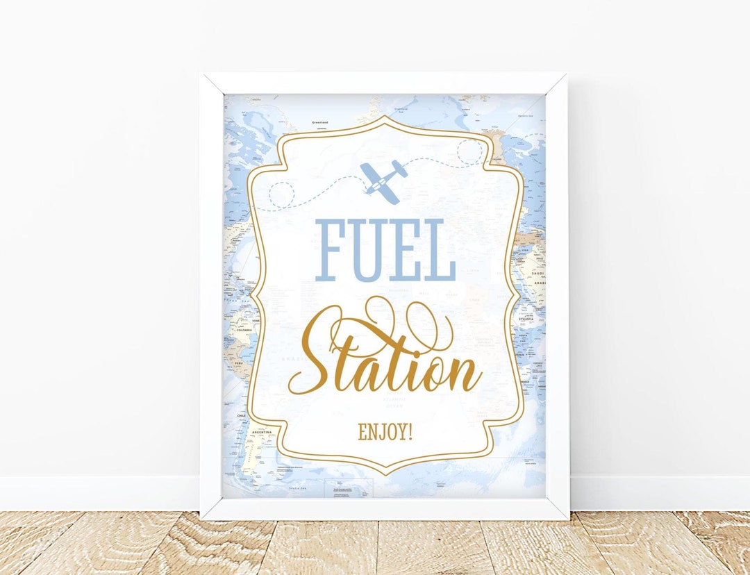 Fuel Station Sign Blue Travel Baby Shower Party Sign Table Decor Drinks ...