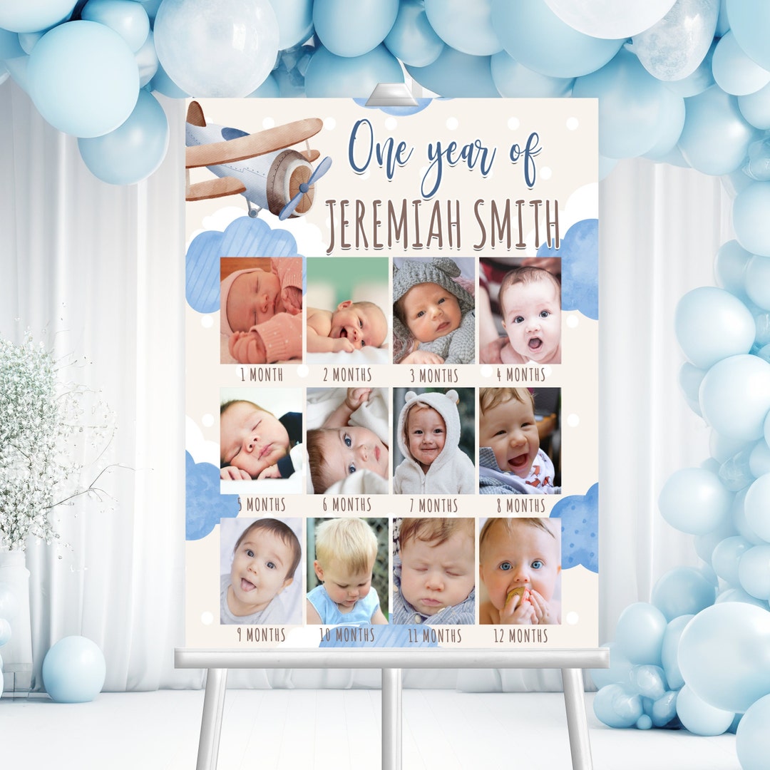 Editable Airplane Blue Baby First Year Photo Poster Milestone Time ...