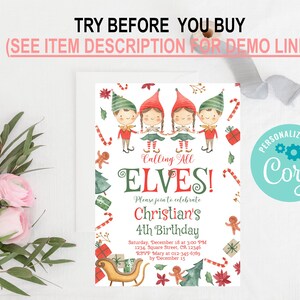 Editable Elf Christmas Birthday Party Invitation Neutral Elf Birthday ...