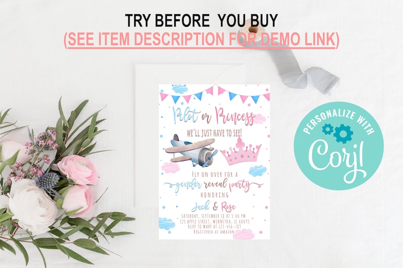 Editable Pilot Princess Gender Reveal Party Invitation - Etsy