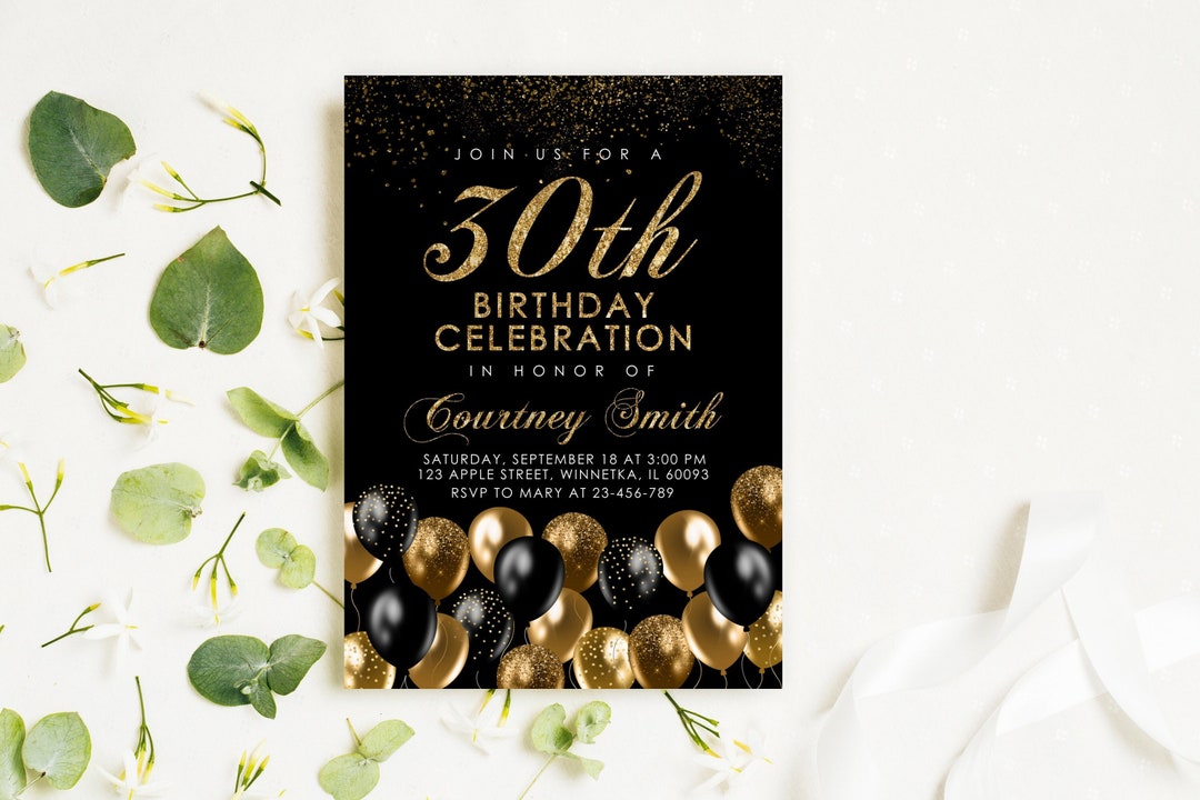 Editable Balloon Black Gold Party Invitation Birthday Celebration ...