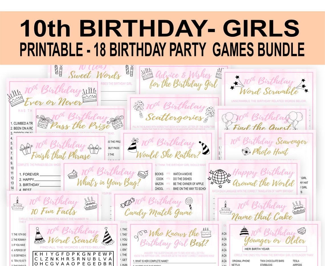 10th Birthday Party Games for Girls PRINTABLE Tenth Birthday - Etsy