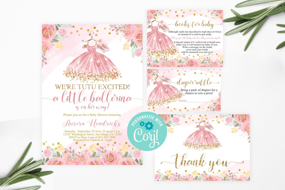 Editable Tutu Baby Shower Invitation Set Pink Girl Ballerina Baby ...