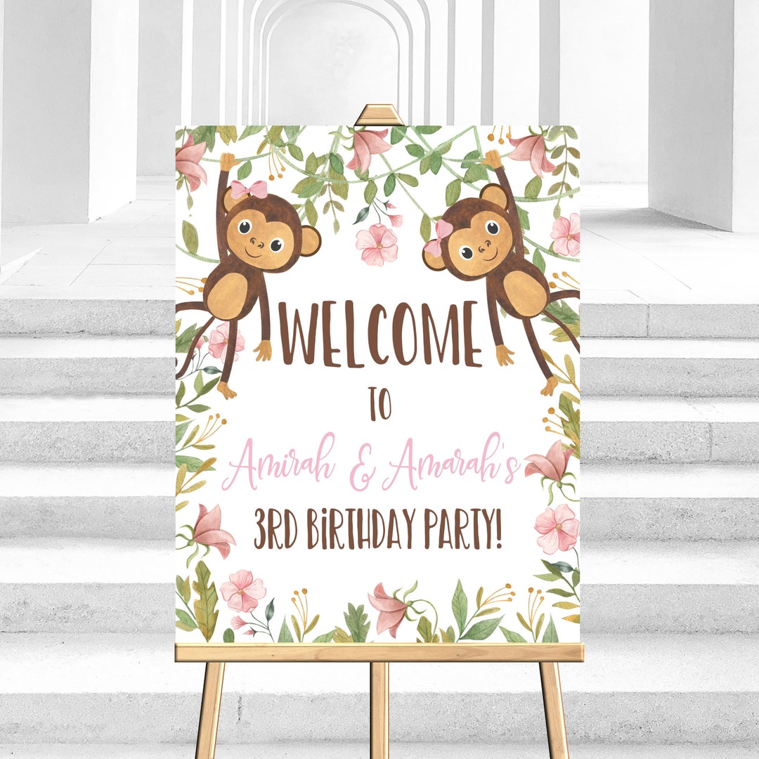 Editable Twin Girl Monkey Welcome Sign Jungle Birthday Monkey Welcome ...