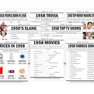 66th Birthday Games Born in 1958 Birthday Party Game Bundle 1958 Trivia ...