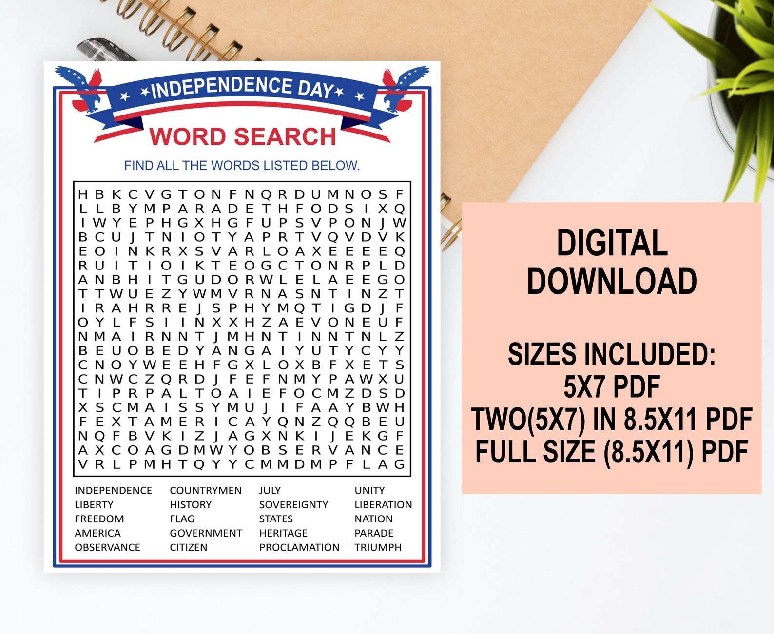 Independence Day Word Search Game United States Fourth of - Etsy