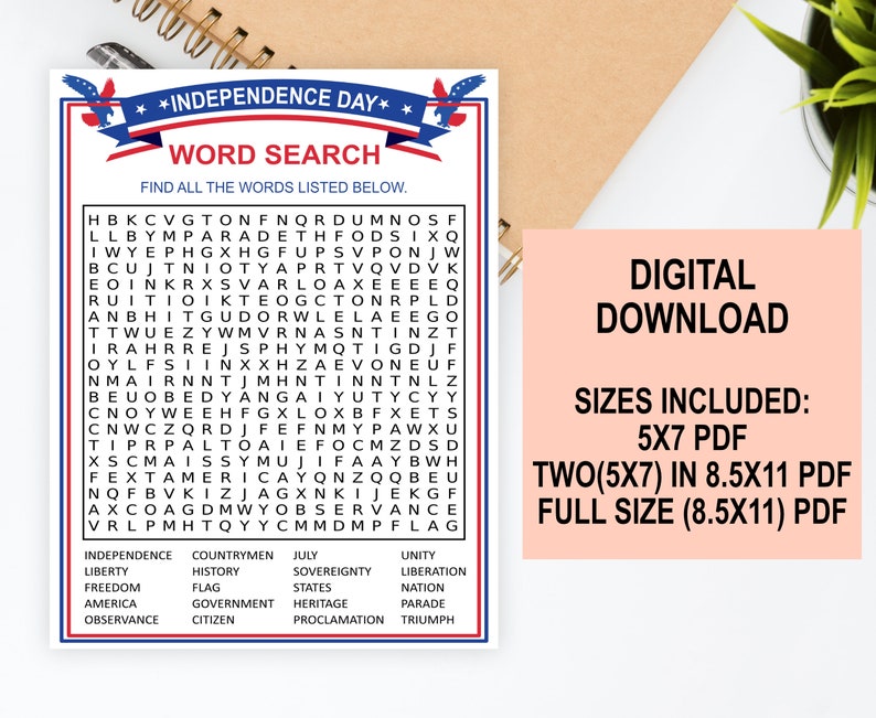 Independence Day Word Search Game United States Fourth of - Etsy