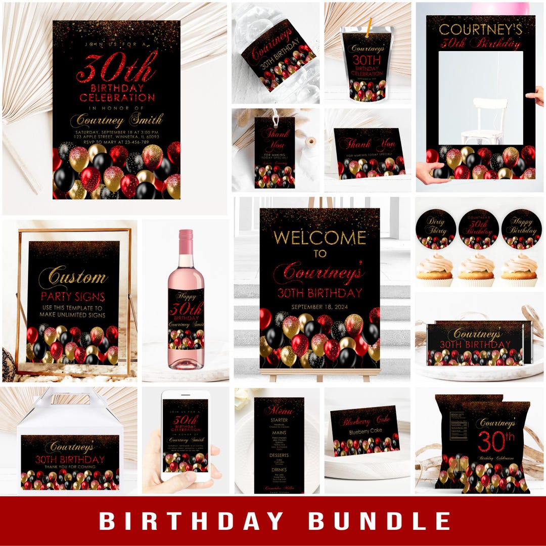Editable Birthday Invitation Party Bundle Red Gold Glitter Black Sweet ...