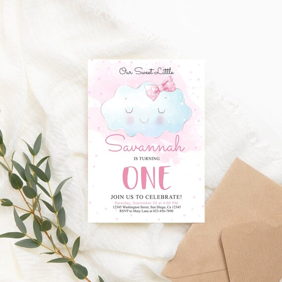 Editable Cloud Birthday Invitation Pink Cloud First Birthday | Etsy