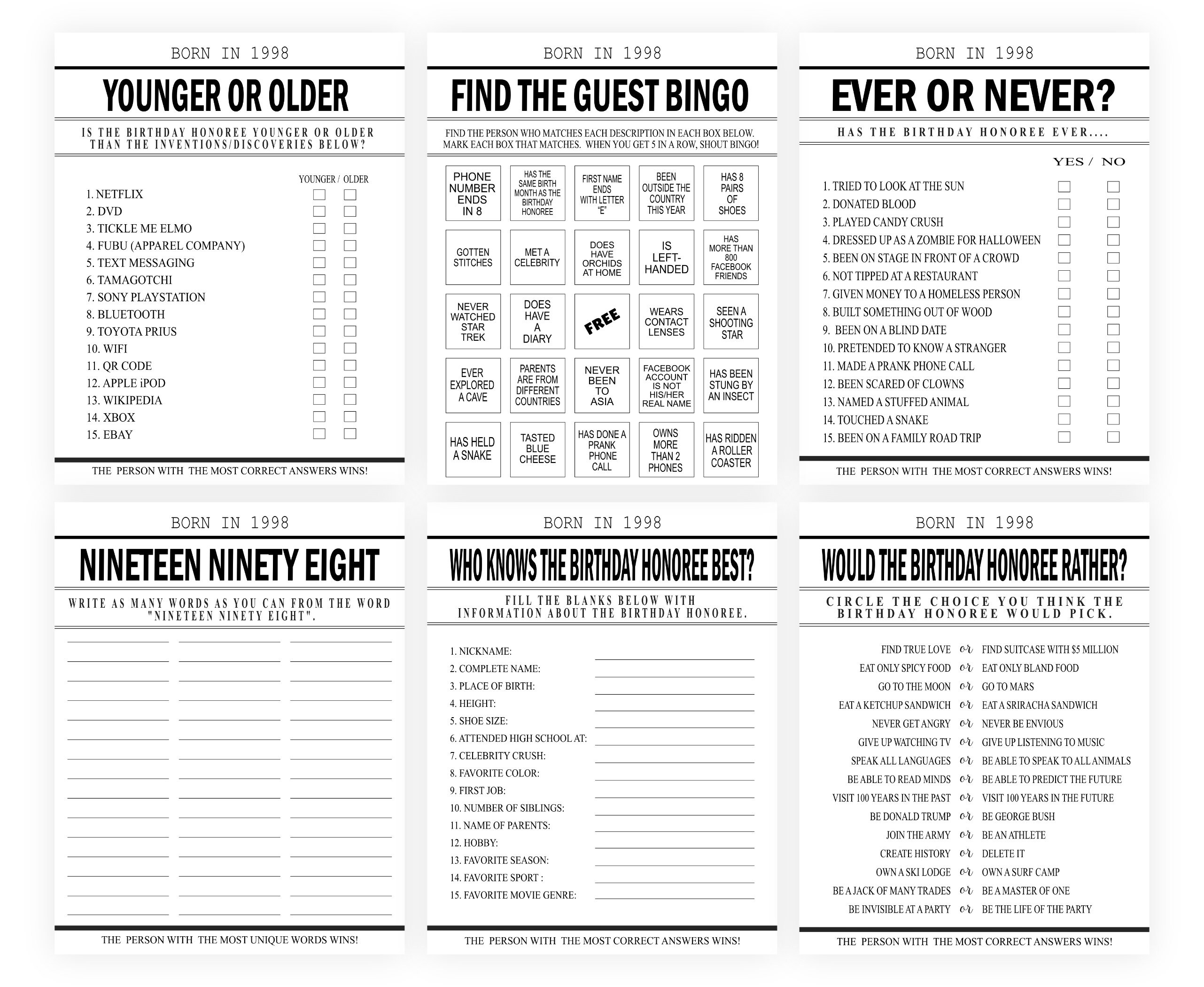 28th Birthday Party Games, Born in 1998 Trivia Games Bundle (printable ...